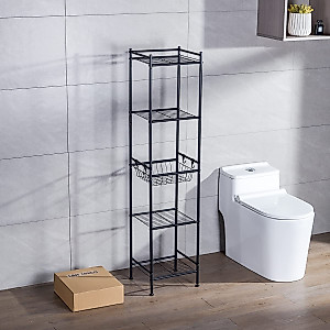 L&H UNICO 5-Tier Freestanding Shelving Units Adjustable Metal Rack with Storage Basket for Small Space, Bathroom, Living Room, Kitchen, Black