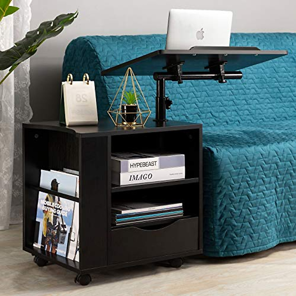 SIDUCAL Multi-Functional Wooden Bedside Table Height Adjustable & 360 Rotation Table top Rolling Laptop Desk Computer Table，Nightstand with Drawers, Black (Right Side) …