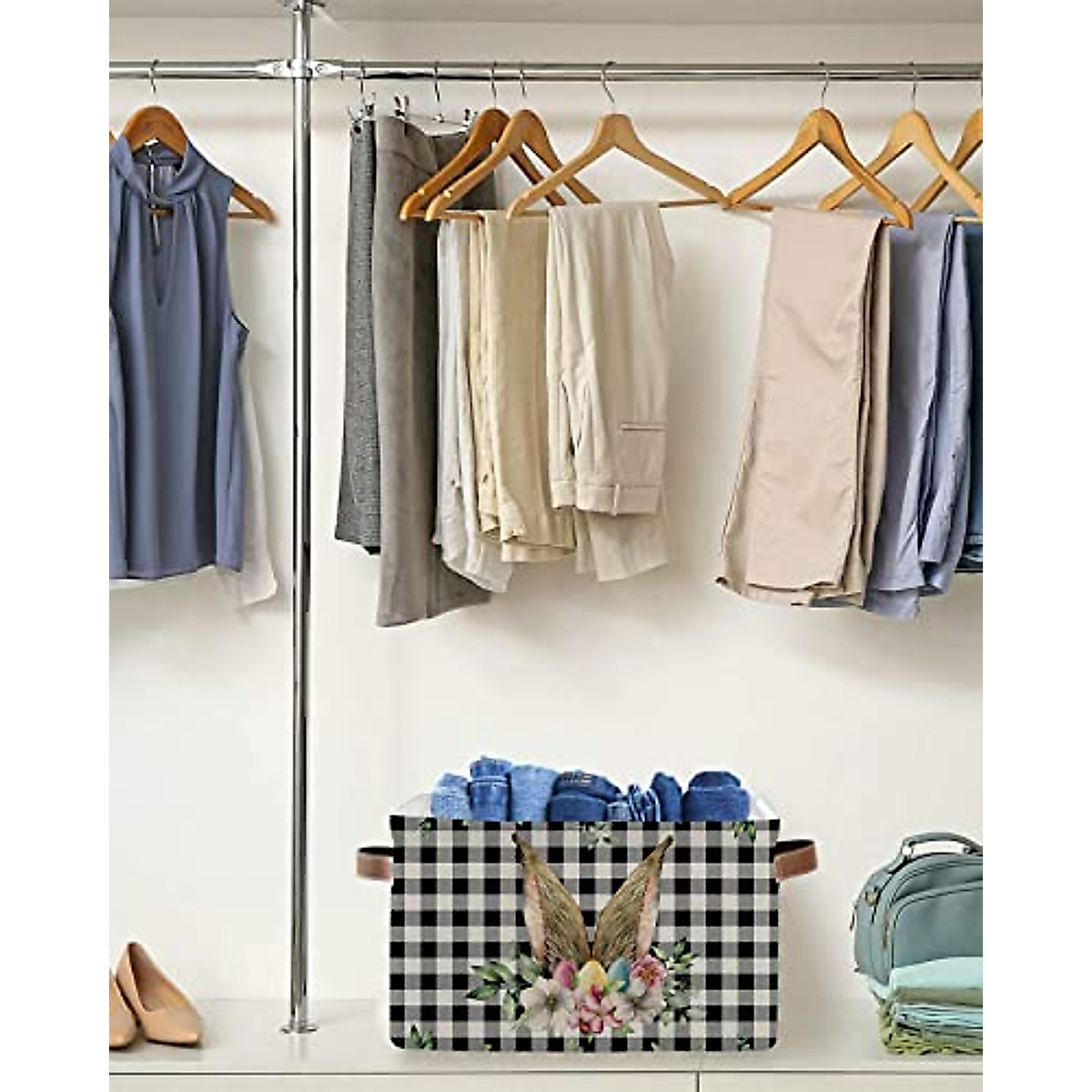 Easter Storage Bins with Handles, Rabbit Ears Eucalyptus Leaves Flower Black Buffalo Plaid Storage Basket for Shelves, Cube Storage Organizer Bins for Toys, Closet (1 Pack, 15" x 11" x 9.5")