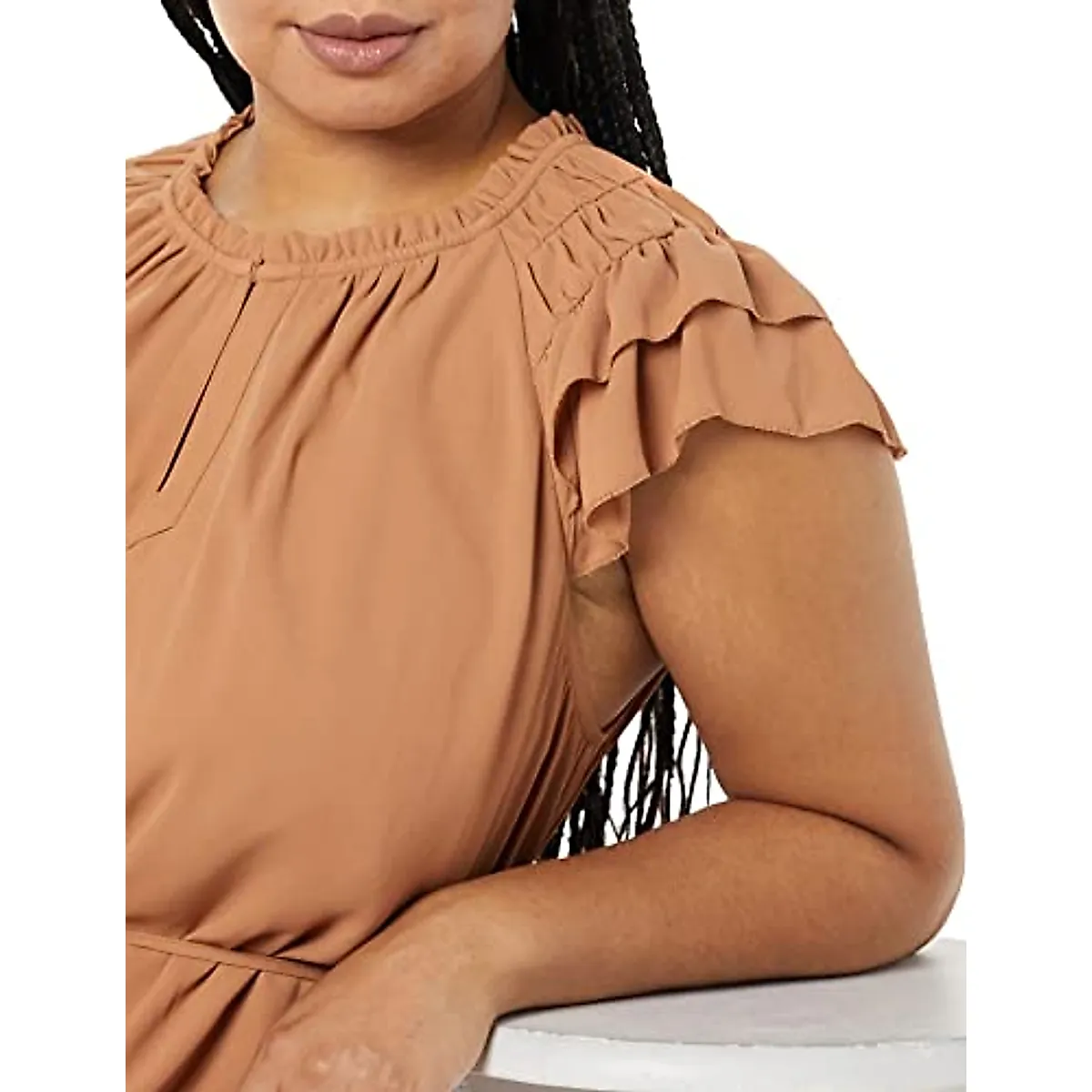 Amazon Essentials Women's Relaxed Fit Lightweight Georgette Split Neck Flutter Sleeve Shift Dress, Light Brown, Large