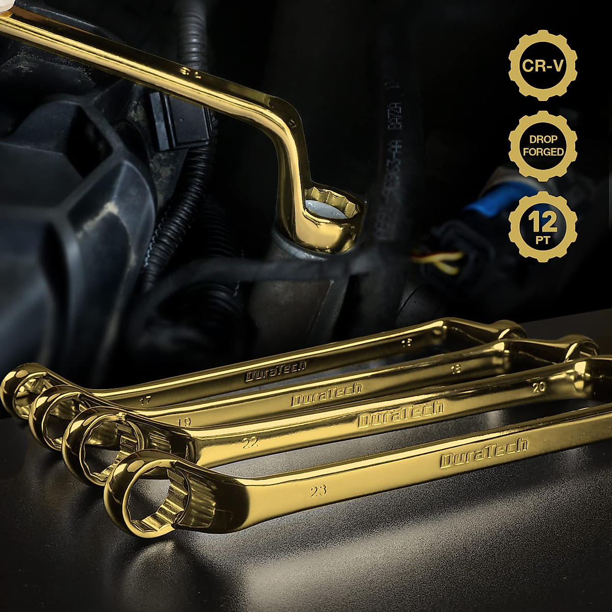 DURATECH Offset Box Wrench Set, Metric, 9-Piece, 6-23mm, 75-Degree, CR-V Steel, Titanium Plating with Pouch