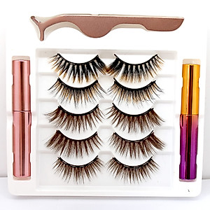 6D Magnetic Eyelashes Brown, Black and Brown Magnetic Eyeliner, 5 False Eyelashes, Set of Tweezers(5 pairs, Brown)