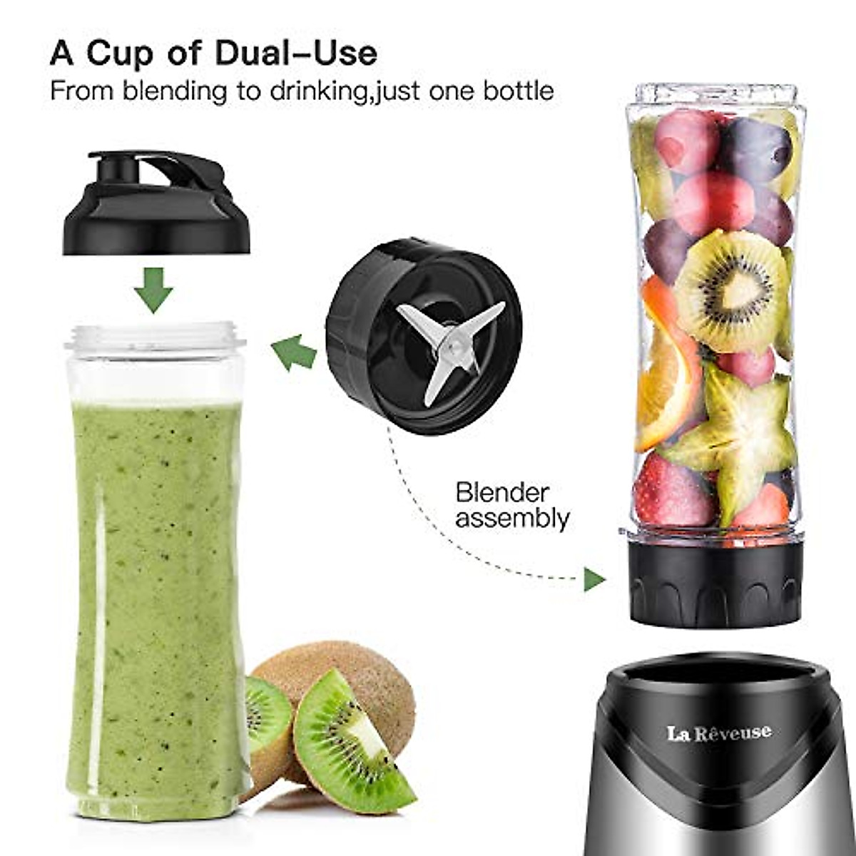 La Reveuse Smoothies Blender Personal Size 300 Watts with 18 oz BPA-Free Portable Travel Sports Bottle (Silver)