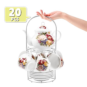 Tea Sets 20-Piece Coffee (7oz) Tea Cup Set Ceramic Vintage Flower European Style,Tea Set for Women Tea Party Afternoon (28oz) Teapot Set Tea Supplies Tea Cup and Saucer Set