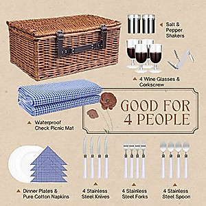 Flexzion Picnic Basket for 4 Person, Rectangular Wicker Picnic Basket Set, Insulated Picnic Case with Waterproof Lining and Blanket, Napkins, Cutlery Set, Wine Glasses, Bottle Opener and Plates
