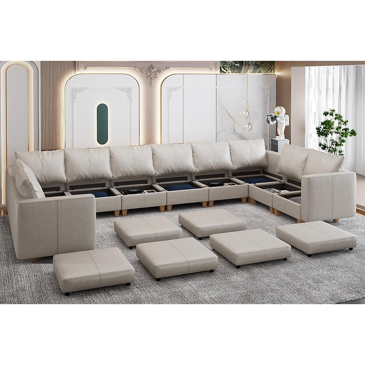 EASE MOOSE Large Sectional Sofa U Shaped Sectional Couch with Storage, Faux Leather Modular Sofa Convertible Sleeper Sofa with Reversible Chaises, Whitesand