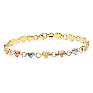 14k REAL Tri Color Gold Diamond Cut Stampato Heart Bracelet with Lobster Claw Clasp - 7.25"