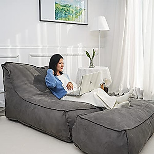 N&V Giant Foam Filling Floor Sofa, Extra Large High Density Foam Bean Bag, Faux Chamois Cover, Independent Linen (Grey, with Ottoman)