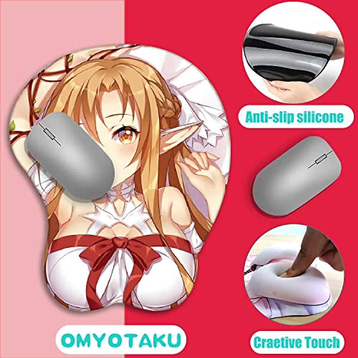 Yuuki Asuna Anime 3D Mousepads, Uncensored Oppai Ergonomics Mouse Pad with Wrist Rest Support, Silicon Gel Wrist Mice mat (Yellow)