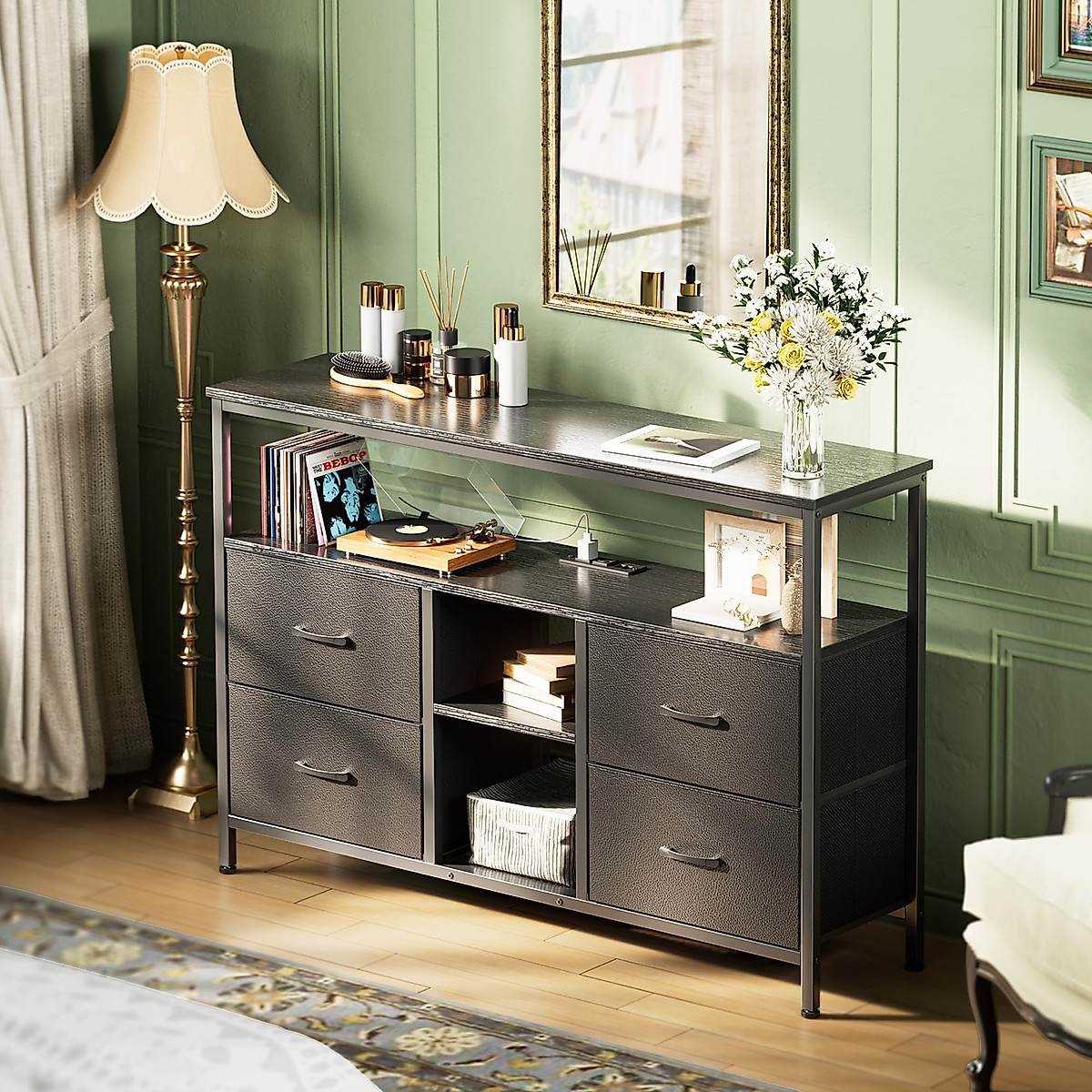 Huuger TV Stand Dresser with Power Outlets and LED Lights, 4 Drawers Entertainment Center with Open Shelf, Media Console for 50 43 Inch TV, Dresser with PU Finish, Black