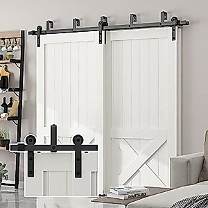 skysen 5.5FT Low Ceiling Heavy Duty Sliding Barn Door Hardware Double Track Bypass Double Door Kit Black(Bypass I Shape-2)