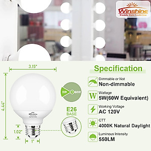 winshine 8 Pack Globe Bathroom Light Bulbs 4000K Natural Daylight, 5W G25 LED Vanity Light Bulb 60W Equivalent, Makeup Mirror, Standard E26 Medium Base, 550LM, Non-dimmable,8 Count (Pack of 1)