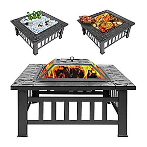 Tenozek 32'' Patio Fire Pits,Outdoor Stove Wood Burning Square Table Backyard Garden Heater/BBQ/Ice Fire Pit Set (32")