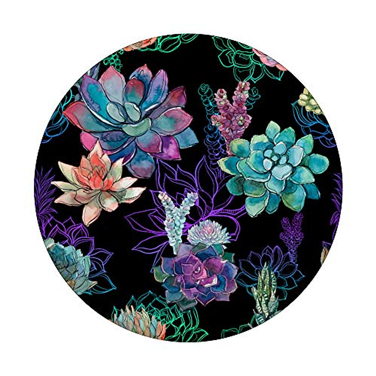 Black Base Succulent Teal Purple Plants Pattern PopSockets PopGrip: Swappable Grip for Phones & Tablets
