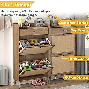 Pvillez Natural Rattan Shoe Cabinet with 2 Flip Drawers, Rattan Shoe Storage Cabinet Organizer with Wood Legs, Narrow Free Standing Shoe Rack for Entryway, Bedroom, Living Room, Apartment Walnut