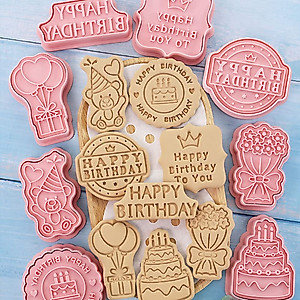 16 Pcs Dog Cookie Cutters 3D Cat Puppy Biscuit Cutter Funny Cartoon Dinosaur Cookie Stamps Embossed Fondant Baking Tool Sugar Craft Cute Cookie Baking Supplies (Happy Birthday)