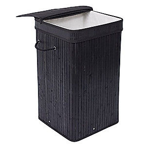 BIRDROCK HOME Square Laundry Hamper with Lid and Cloth Liner - Bamboo - Black - Easily Transport Laundry Basket - Collapsible Hamper - String Handles