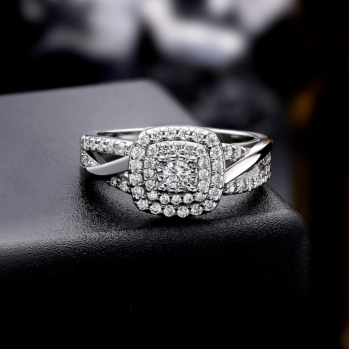 MDFUN Three-in-One ring set Square Halo Wedding Band Set Engagement Ring 18K White Gold Plated Cubic Zirconia Promise ring Eternity Ring for Women Size 8