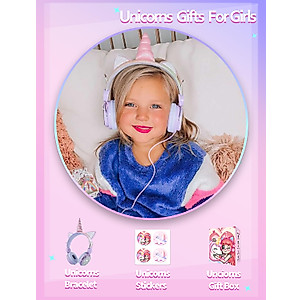 charlxee Kids Unicorns Headphones with Mic for School/Travel,95dB Volume Limited,Shareport,On/Over Ear Wired Headsets with Nylon Cable-Light Purple
