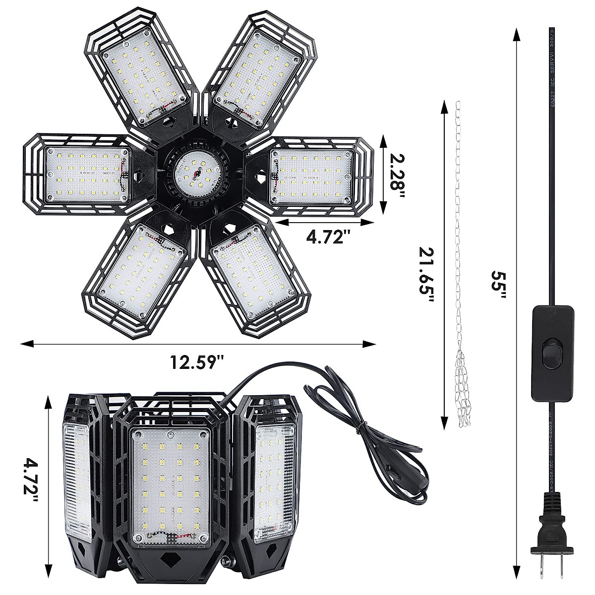 KASLIGHT LED Garage Light, 160W, 6 Adjustable LED Panel Heads, 180 Coverage, Energy Saving, Black