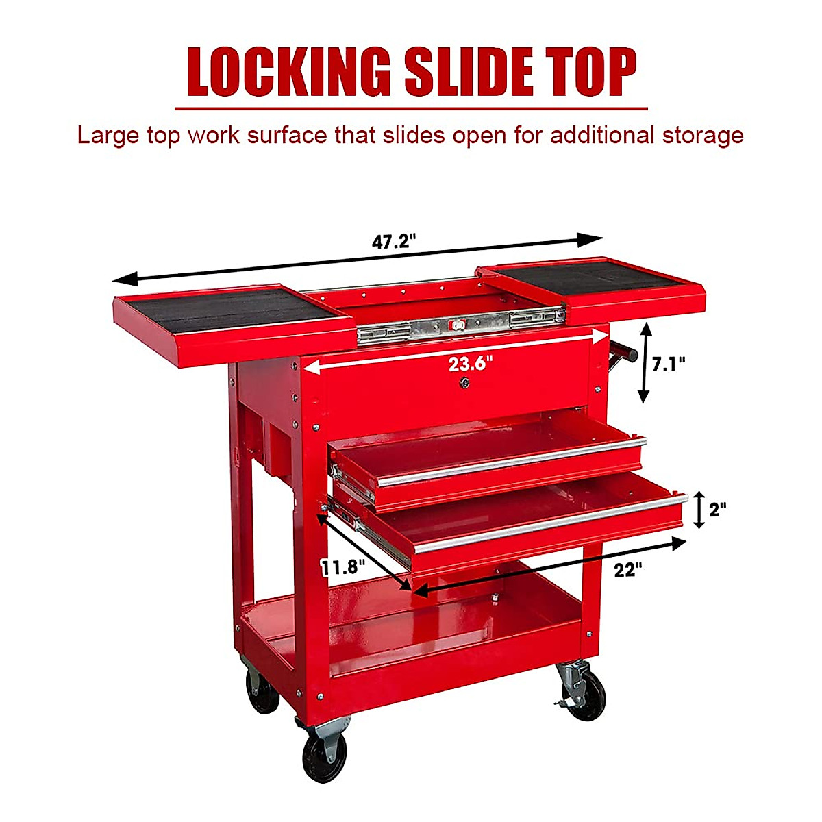 HPDMC Steel Tool Service Utility Push Cart with Lockable Drawers & Sliding Top, 27.8" L x 14.6" W x 32.7" H, 212 lbs Loading Capacity, 2-Drawer Garage Workshop Rolling Storage Tool Chest