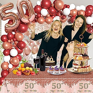 50th Birthday Decorations Women - Rose Gold Happy 50th Birthday Decor Include Balloon Garland Arch Kit,50th Birthday Backdrop,Tablecloth,Number 50 Foil Confetti balloon 50 Years Old Party Supplies