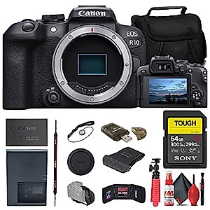 Canon EOS R10 Mirrorless Camera (5331C002) + Sony 64GB Tough SD Card + Bag + Card Reader + Flex Tripod + Hand Strap + Memory Wallet + Cap Keeper + Cleaning Kit (Renewed)