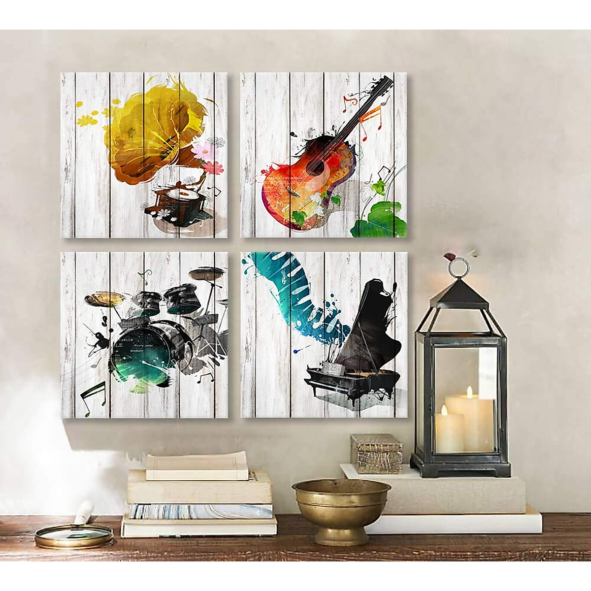 4 Pieces Music Canvas Wall Art Guitar Piano Phonograph and Drum Set Paintings Prints Wooden Style Gift for Music Lover Wall Decor for Music Studio Living Room Bedroom Home decor Framed Ready to Hang