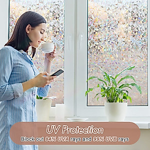 Haton Window Privacy Film Rainbow Static Cling Stained Glass Film Window Covering Sticker Non-Adhesive Removable Reflective Window Vinyl, Anti-UV Sun Blocker Heat Control for Home, 17.5 x 78.7 inches
