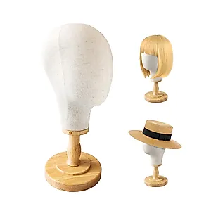 CHADWICK Wig Head Stand Mannequin Head Hat Display Stand Linen Wig Holder, Hat Rack Fabric Head, Canvas Dome + Detachable Wood Stand, Wig Display Model Head Wig Stand for Wigs, Hats, Caps, Headdress