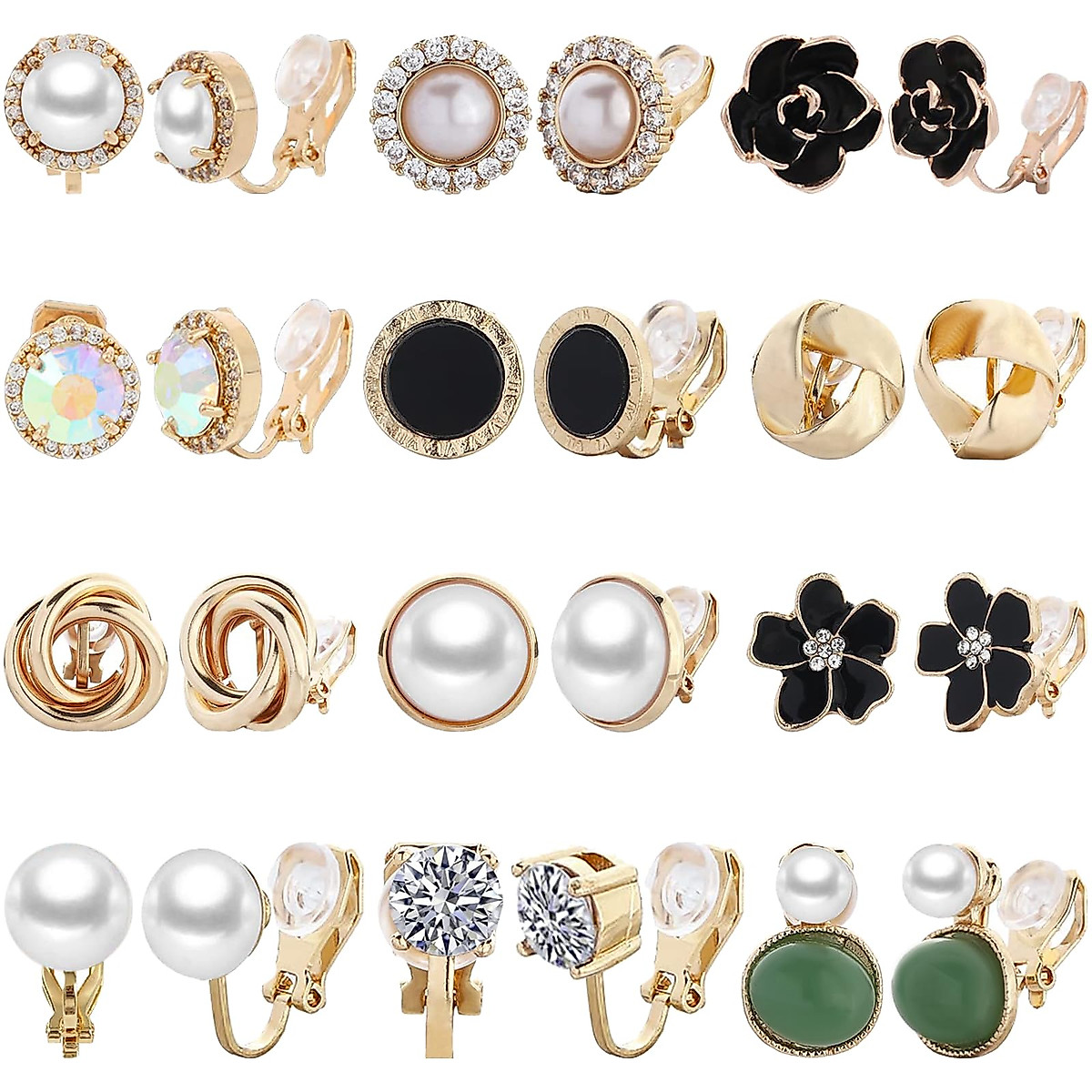 NEWITIN 12 Pairs Clip On Earrings for Women Cute Earrings Crystal Earrings Pearl Earrings Charming Fashion Earrings Non Piercing Clip on Earrings for Women