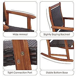 Tangkula 3 Pieces Patio Rocking Chair Set, Patiojoy Acacia Wood Rocker with Side Table, Outdoor Rocking Chairs with Wicker Rattan Seat & Backrest, Rocking Bistro Set for Garden, Backyard, Poolside