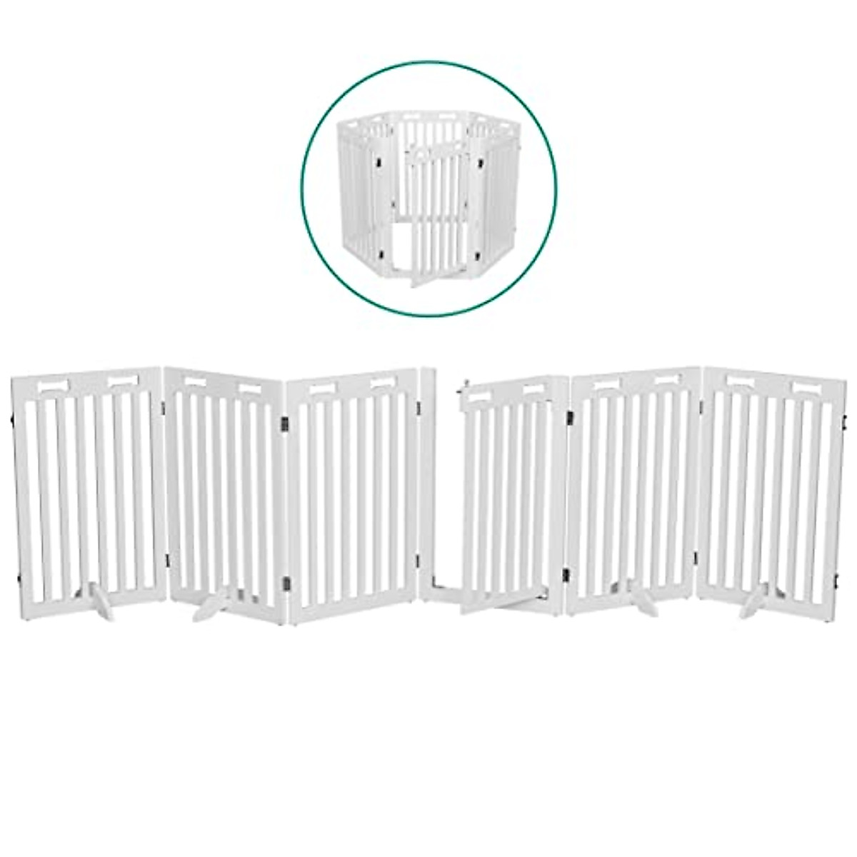 Arf Pets Freestanding Dog Gate with Door, 6 Panel 360° configurable Wooden Fence, 120" Wide, 31.5" Tall, Foldable, Four Support Feet Included, for The House - Indoor Use