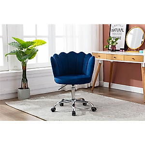 Swivel Shell Chair for Living Room & Bedroom - Modern Leisure Velvet Office Chair with Curved Backrest, Adjustable Lift Seat, Five-Star Base with Casters for Mobility, Metal & PolyWood Frame (Navy)