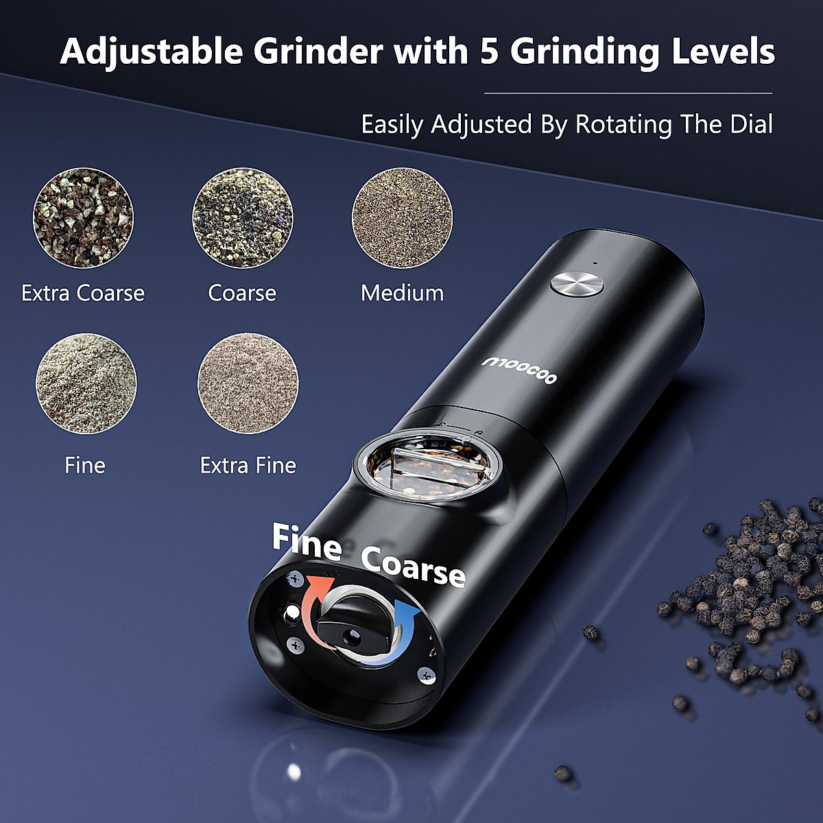 Moocoo Upgraded Electric Salt and Pepper Grinder Set with Fast Rechargeable Base & LED Light, Large Capacity, Adjustable Coarseness, Automatic One Hand Operated Salt Pepper Mill Grinder Refillable