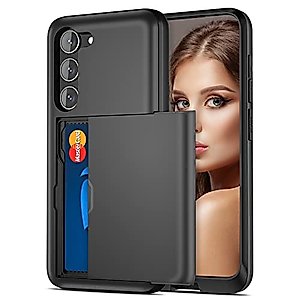Jiunai Samsung S23 Case, Galaxy S23 Case Wallet Cover Credit Card IDs Cash Holder Shell Sliding Pocket Dual Layer Hard PC Soft Rubber Bumper Phone Cases for Samsung Galaxy S23 5G 6.1'' 2023 Black