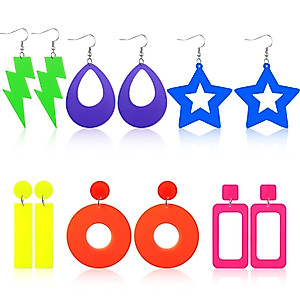Hinly 6 Pair Halloween Neon Earrings Retro Geometric Neon Accessories 80s Jewelry for Women Simple Circular Oval Acrylic Dangle Drop Earrings Colorful Pendant Hoop Earrings for Costume Party, 6 Styles