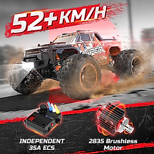 DEERC H16R Brushless Fast RC Cars,1:16 52KM/H High Speed Remote Control Car,4X4 All Terrains RC Monster Truck,Waterproof Off-Road Hobby Electric Vehicle Car Gift for Adults Boys,2 Li-ion Batteries
