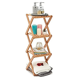EZOWare Bathroom Storage Shelf, 4-Tier Collapsible Narrow Storage Organizer Rack Accent Tower Display Shelving – Rubberwood