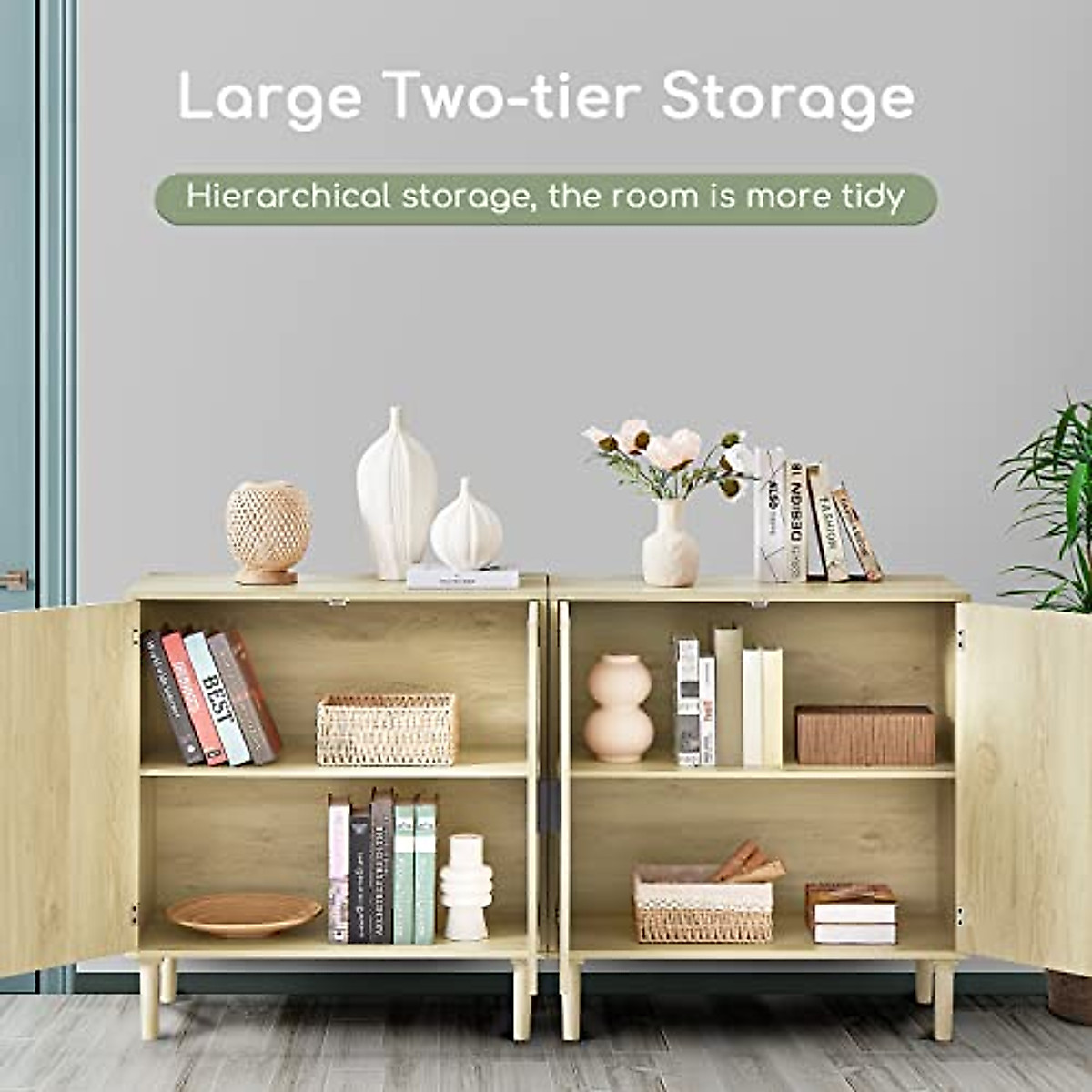 Tatub 2 Pcs Accent Storage Cabinets with Rattan Doors,Kitchen Sideboard Buffet Storage Cabinet,Console Cabinet,Natural