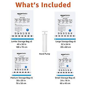 Amazon Basics Vacuum Compression Storage Bags with Hand Pump - 20 Pack (5 Small, 5 Medium, 5 Large & 5 Jumbo)