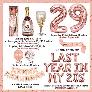 29th Birthday Decorations for Women Rose Gold - Last Year In My 20s Banner, Cheers to 29 Years Old Birthday Decor with Champagne Goblet Balloon, Number 29 Foil Balloons, Happy Birthday Sash