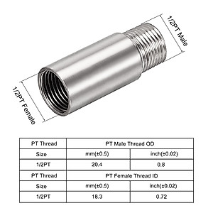 uxcell Shower Head Extension Arm Stainless Steel 1/2PT Male to 1/2PT Female Thread 60mm Length Cast Pipe Fitting Coupler 2Pcs
