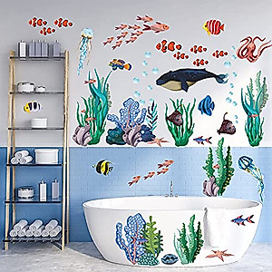 RW-1029 3D Removable Ocean Animals Wall Decals Under The Sea Animals Wall Stickers Fish Whale Seaweed Coral Decals DIY Marine Animals Sea View Wall Art Decor for Kids Baby Bedroom Living Room Nursery