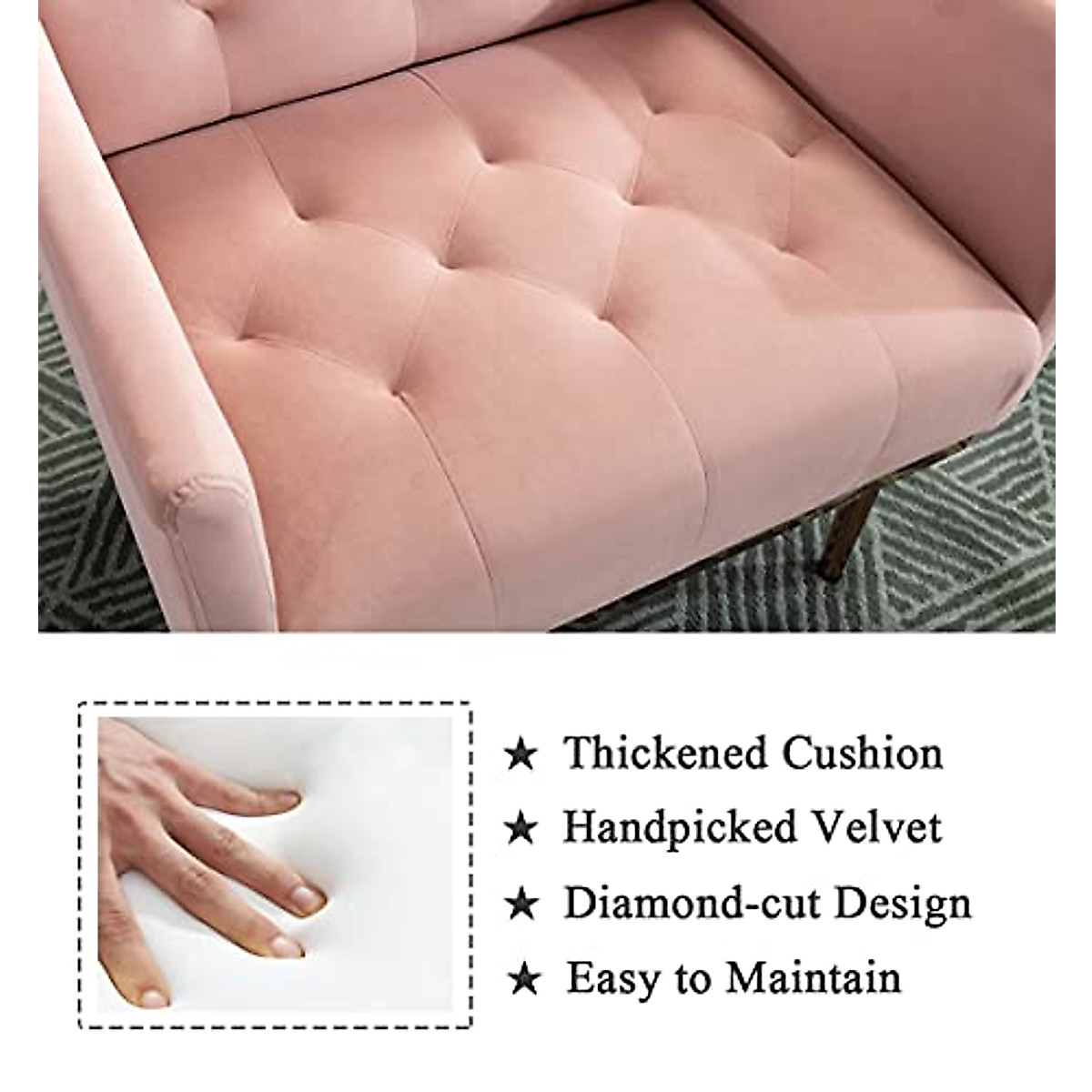 SLEERWAY Modern Velvet Single Sofa Chair, Upholstered Accent Living Room Chair, Comfy Armchair with Rose Golden Metal Legs, Tufted Chair for Reading or Lounging (Pink)