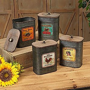 Set of 4 Large Vintage Antique Style Galvanized Metal Kitchen Canisters with Wood Lids Sugar Tea Coffee and Flour