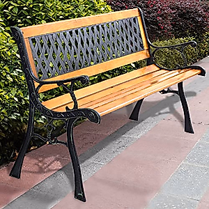 Tangkula Outdoor Garden Bench Park Bench, Patio Bench Chair with Cast Iron & Hardwood Structure, Weather Proof Porch Outdoor Furniture Loveseat, Perfect for Backyard, Deck, Lawn, Poolside