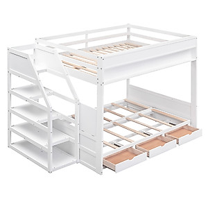 Harper & Bright Designs Full Over Full/Futon Bunk Beds with Stairs and 3 Drawers, Built-in Shelf, Bottom Bed can be Converted into Daybed, Solid Wood Bunk Bed Frame (White)