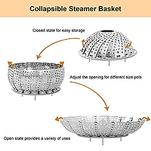 Elyum Vegetable Steamer Basket Stainless Steel Vegetable Steamer for Cooking Foldable Expandable Steamer Basket Insert with Removable Center Handle Adjustable Sizes to Fit Various Pots (5.2" to 8.6")