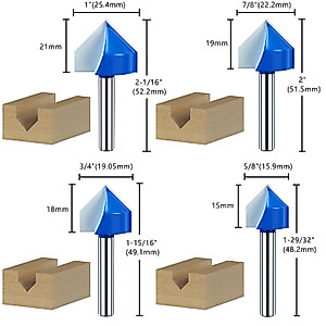 Vipbhtool 1/4 Inch Shank 90 Degree V Groove Router Bit Set Solid Carbide Double Flute CNC Engraving V Groove Router Bit Woodworking Tool- 1/4" 5/16" 3/8" 1/2" 5/8" 3/4" 7/8" 1" Cutting Diameter